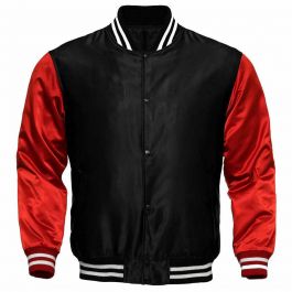 Women Black And Red Satin Varsity Jacket | Saida Gear
